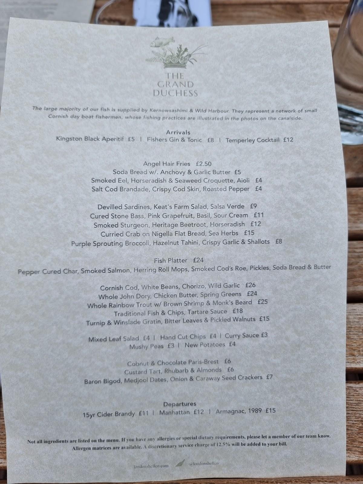 Carta del restaurante The Grand Duchess - London Shell Co., Londres