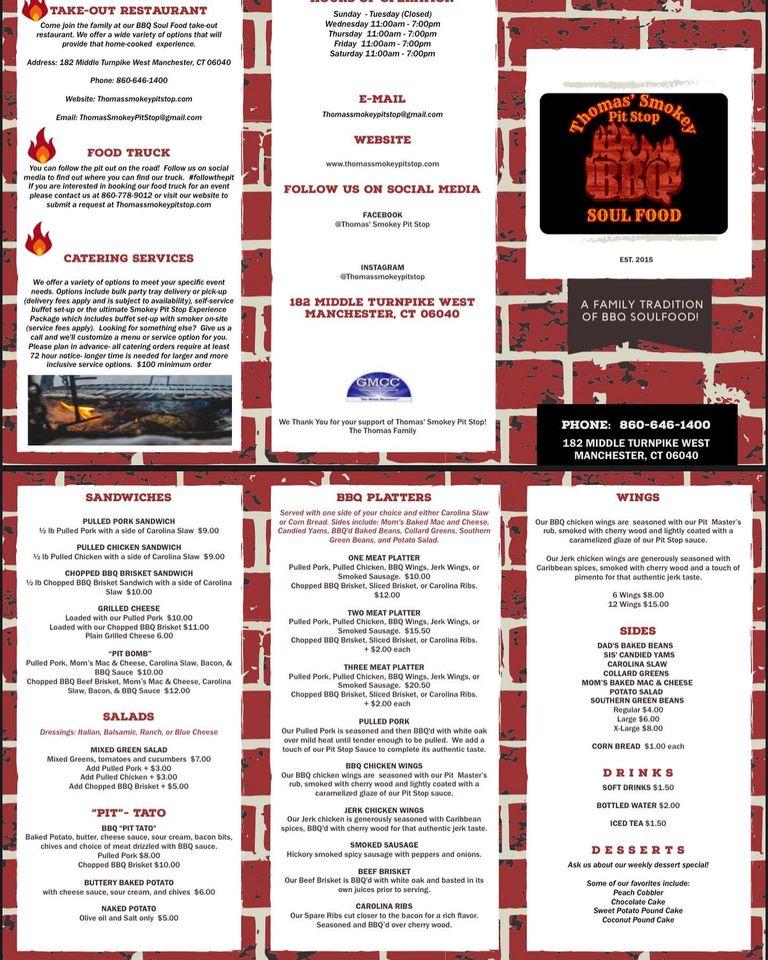 Menu at Thomas Smokey Pit Stop BBQ, Manchester