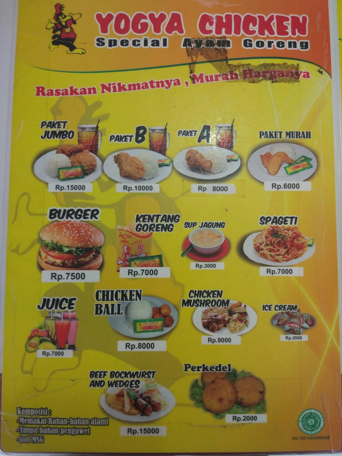 Menu at Yogya Chicken restaurant, Sendangadi, Jl. Plemburan No.96