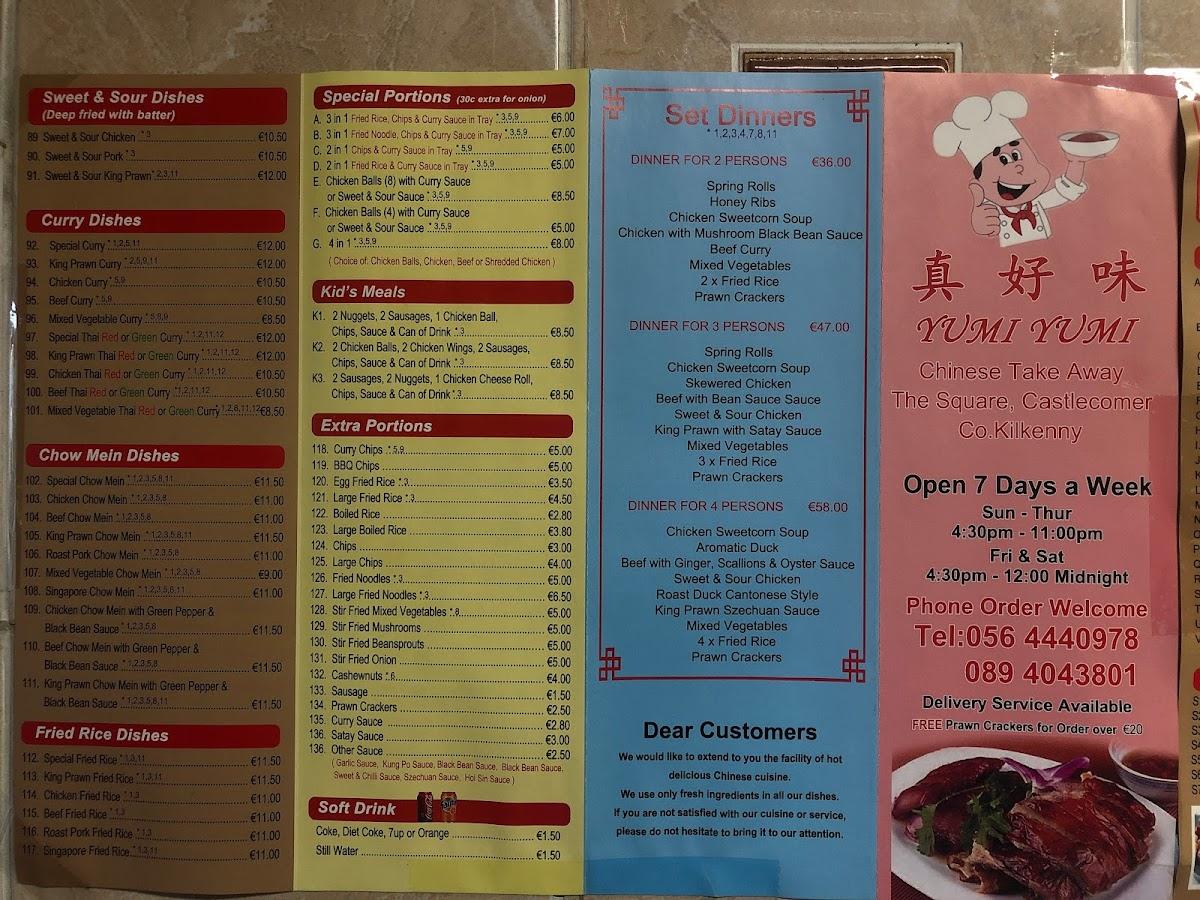 Carta de Yumi Yumi Chinese Restaurant, Castlecomer