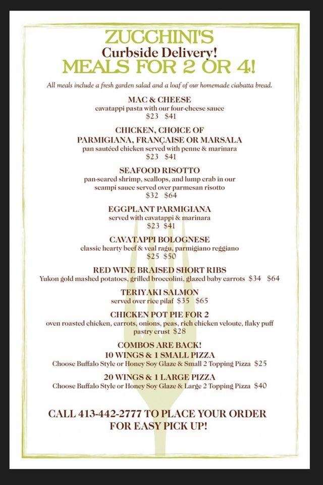Menu at Zucchini's pizzeria, Pittsfield