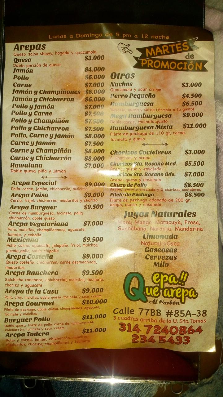Menu at epa que arepa restaurant, Colombia