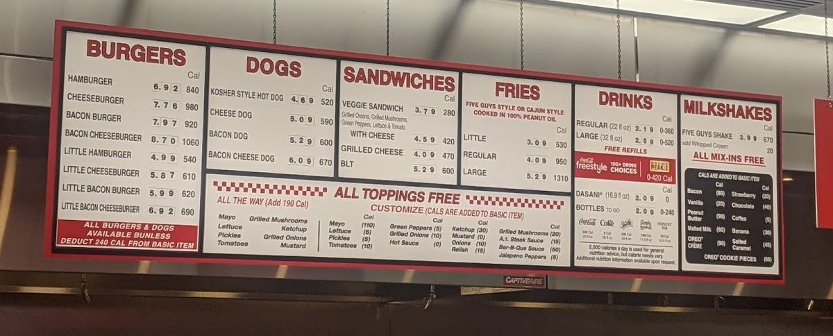 Menu at Five Guys fast food, Hammond