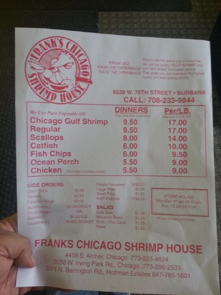 Menu at Frank's Chicago Shrimp House restaurant, Burbank, W 79th St