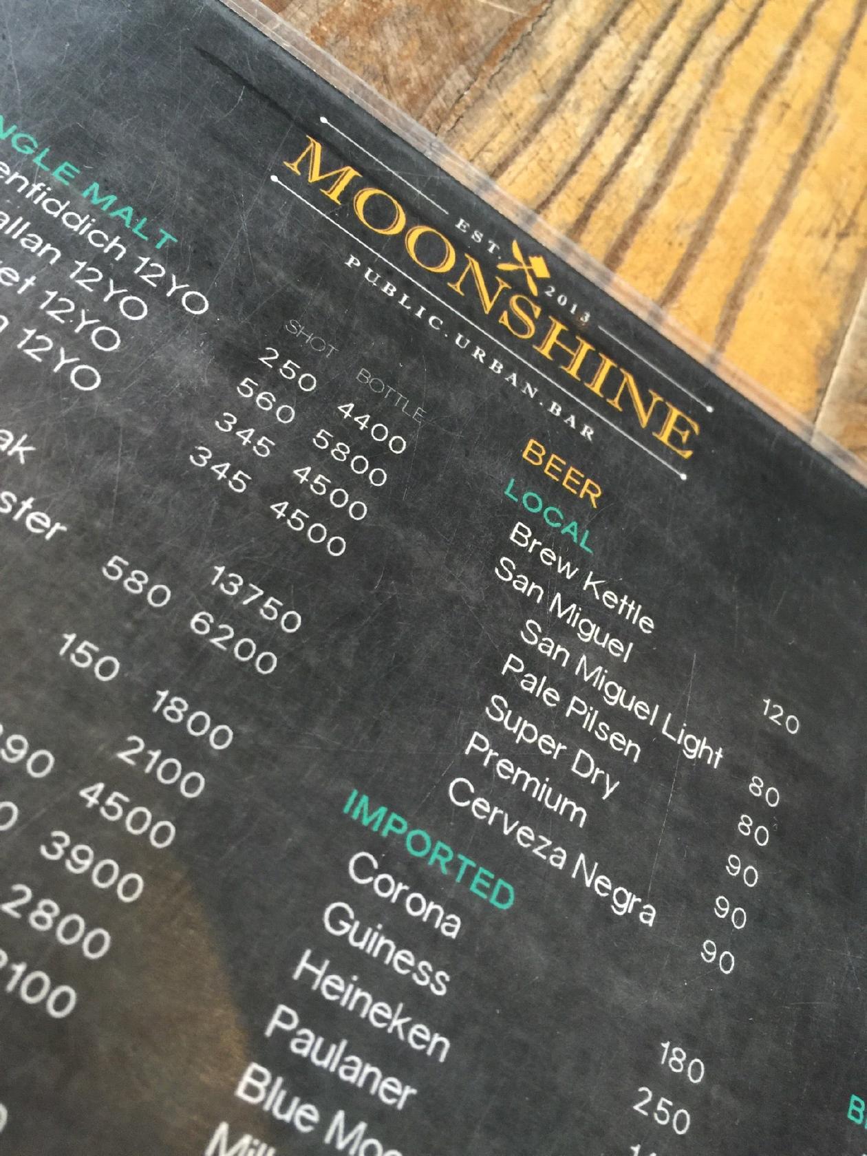 Menu at Moonshine pub & bar, Pasig