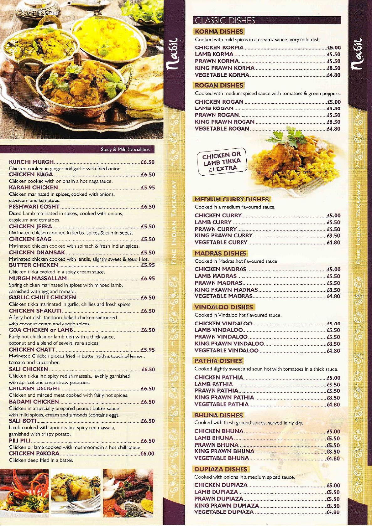 Menu at Nabil, Ystalyfera