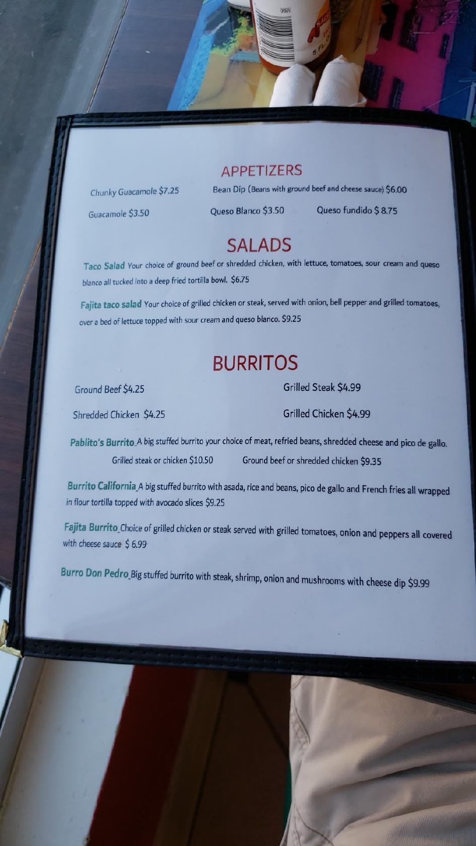 Menu at Pablito's Taqueria restaurant, Osage Beach