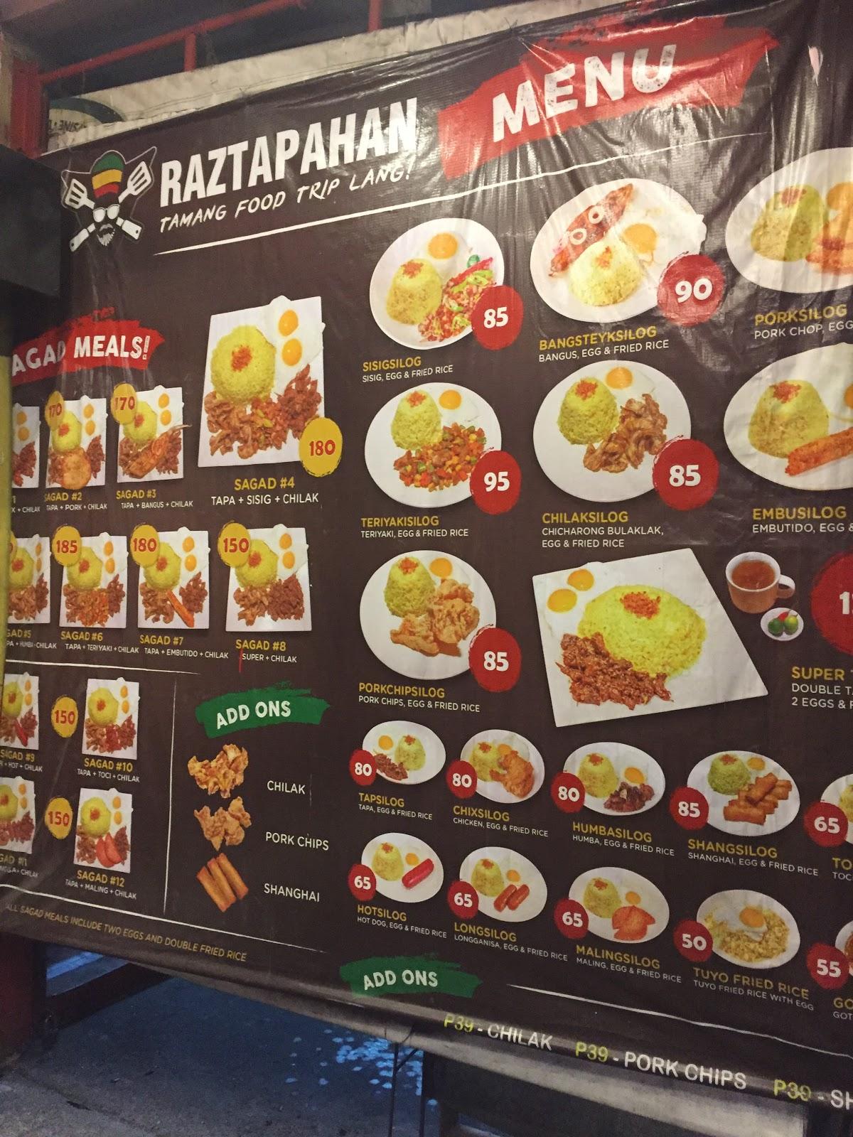 Menu at Raztapahan restaurant, San Jose