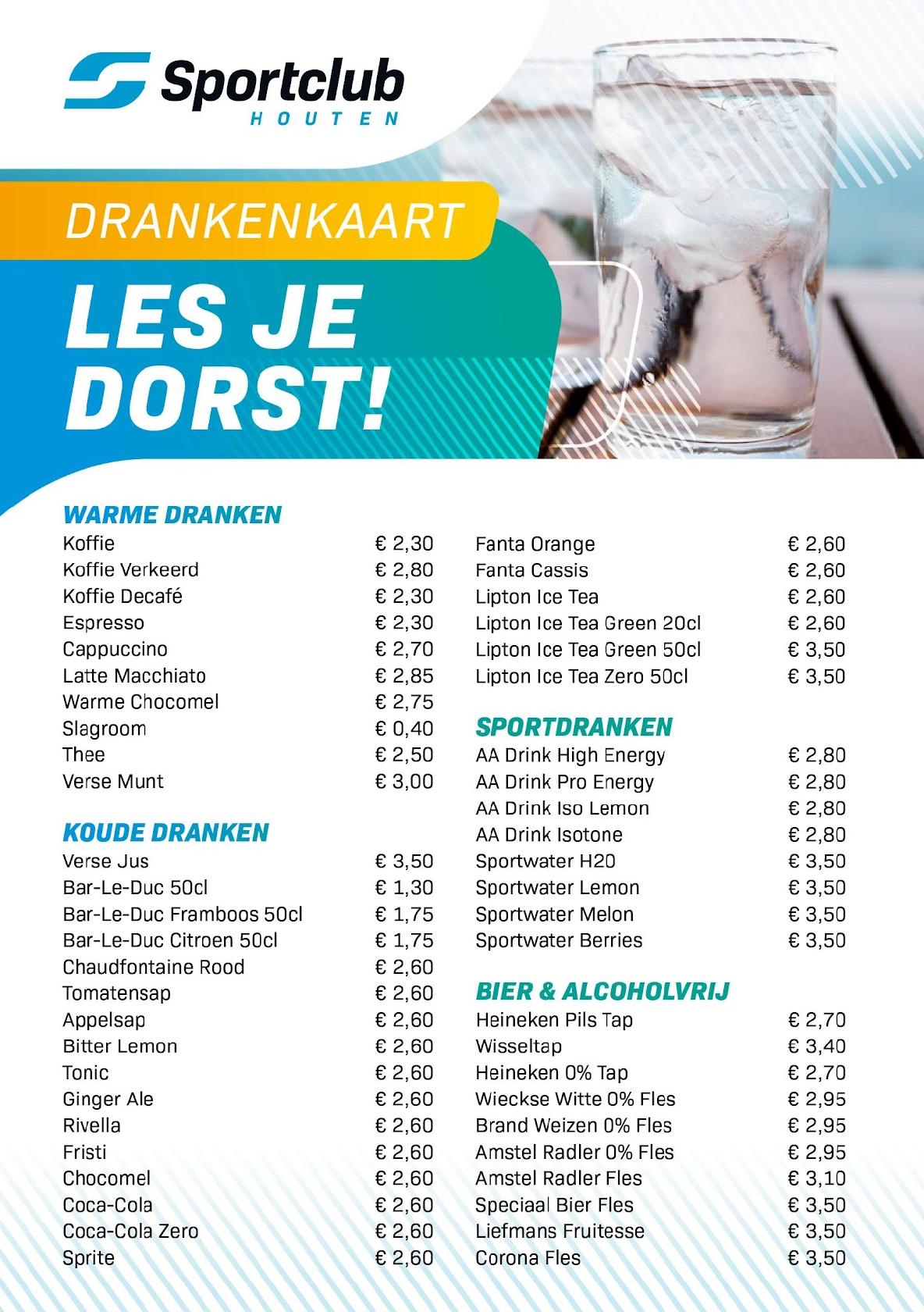 Menu au SportClub Houten Padel, Tennis & Squash, Houten