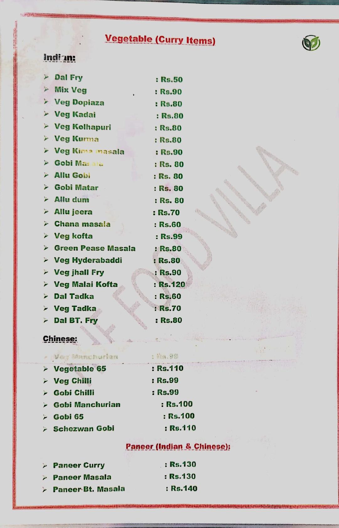 Menu at The food villa Gunupur Restaurant, Gunupur