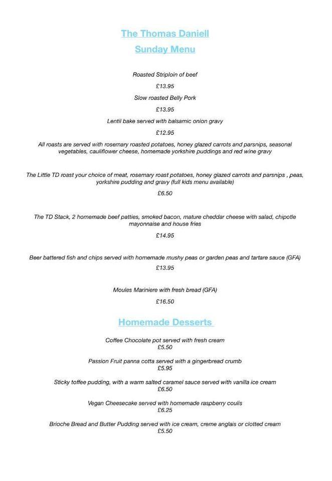 Menu at The Thomas Daniell pub & bar, Truro