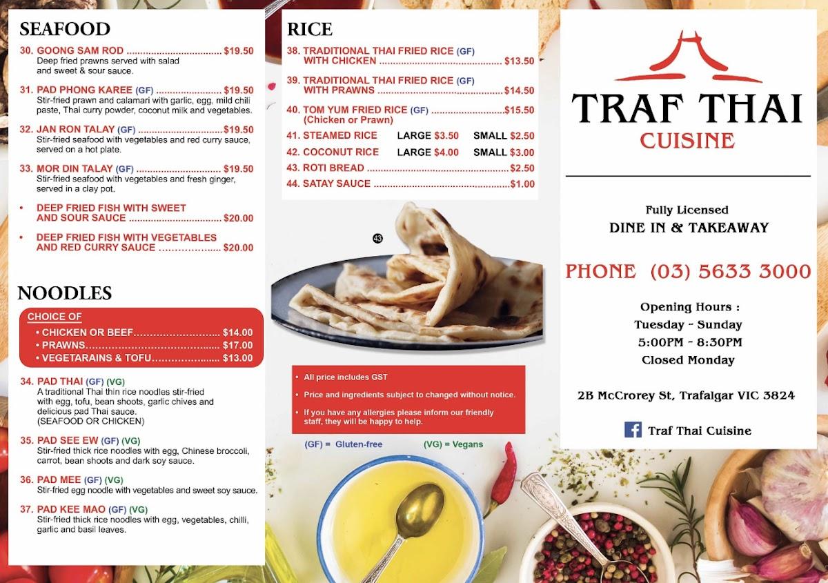 Menu at Traf Thai Cuisine restaurant, Trafalgar
