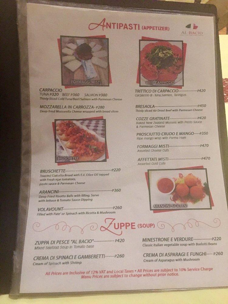 Menu at Al Bacio Italian Restaurant - Angeles City, Angeles