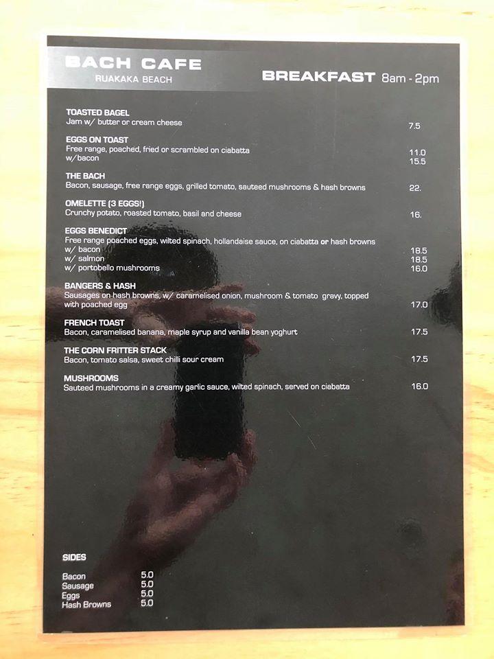 Menu at The Bach Cafe, Ruakaka