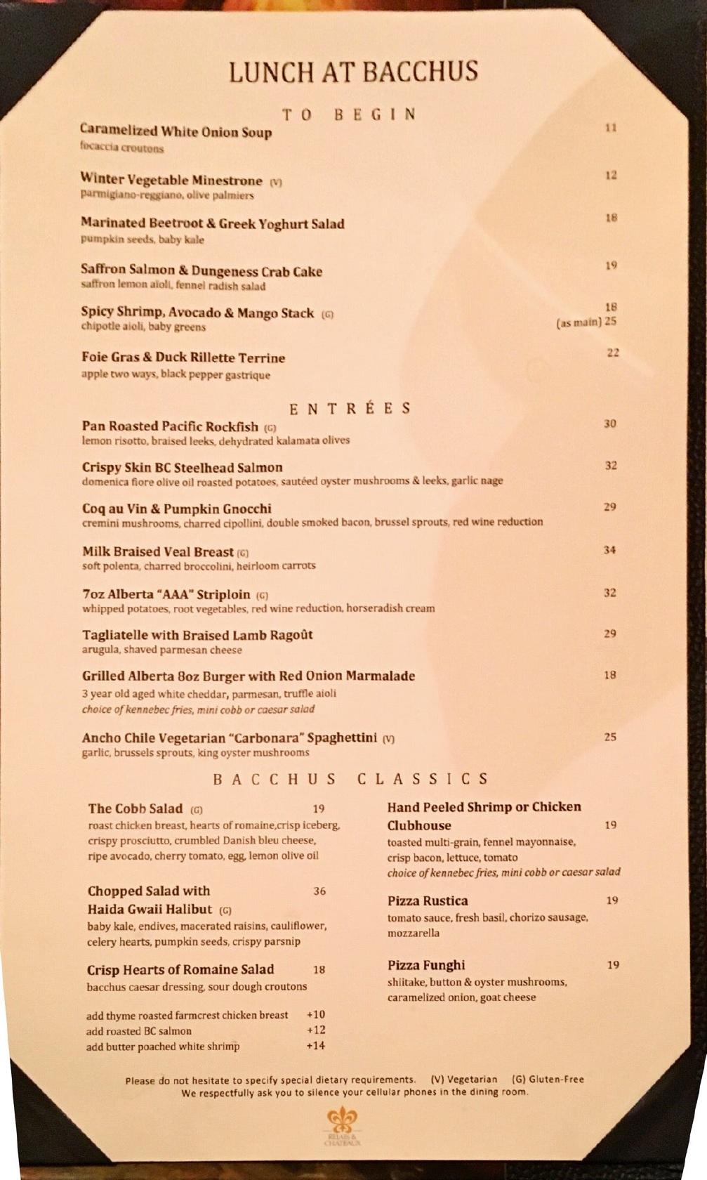 Menu at Bacchus Restaurant & Lounge, Vancouver