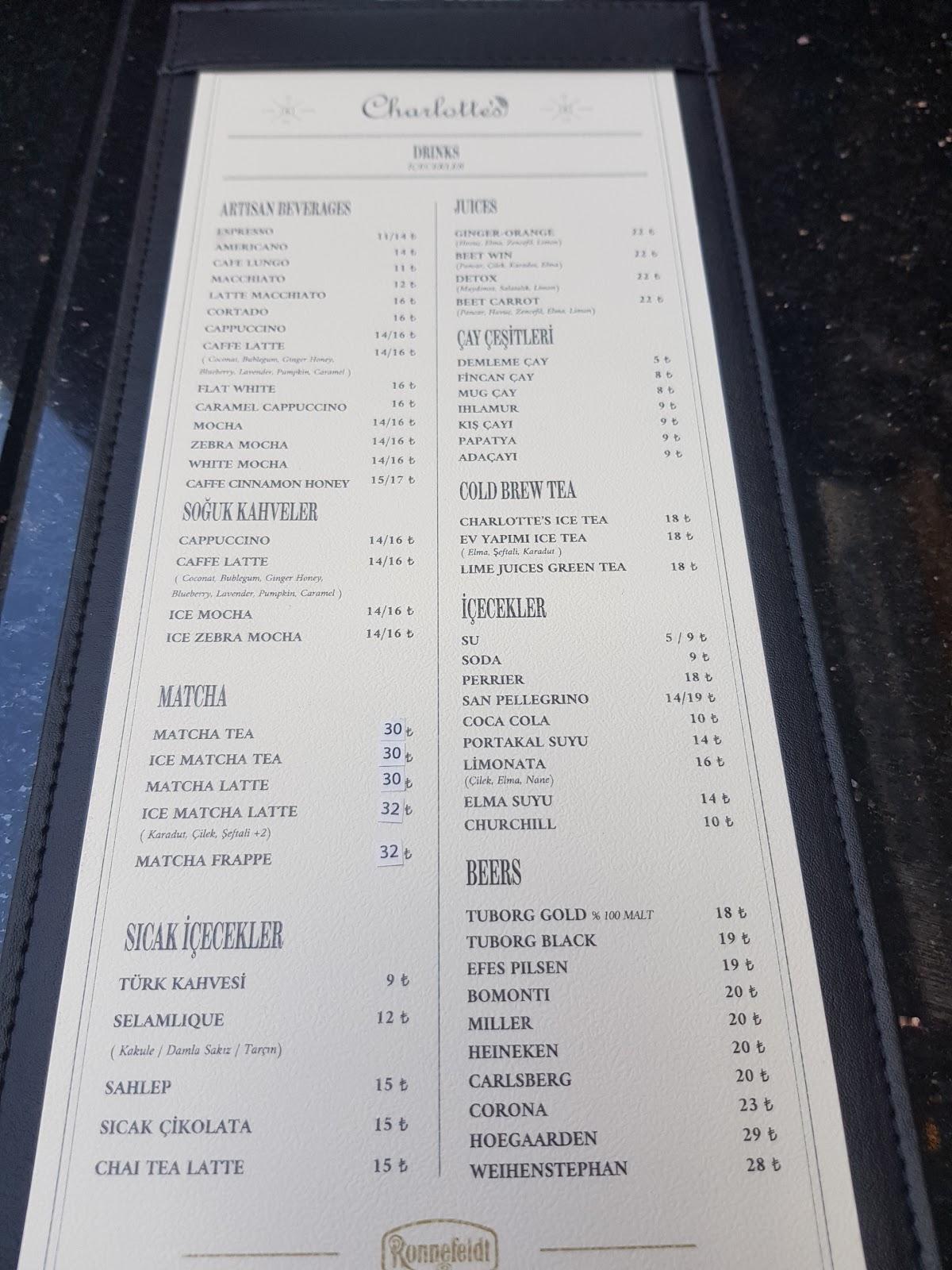 Menu at Charlotte’s, Göktürk Merkez Mahallesi