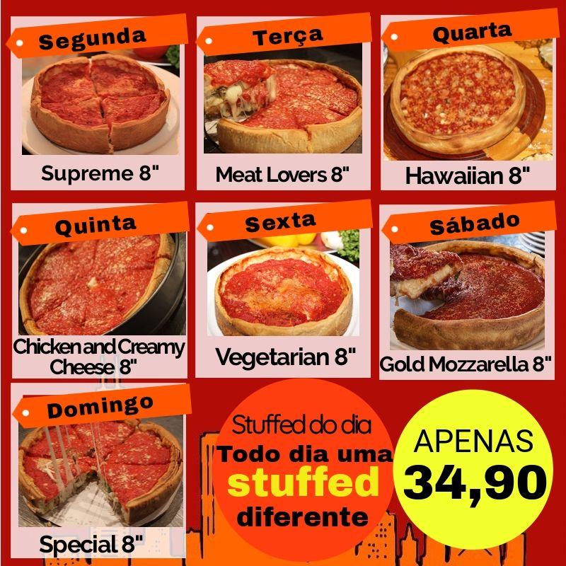 Menu at Chicago’s Stuffed Pizza restaurant, Maricá