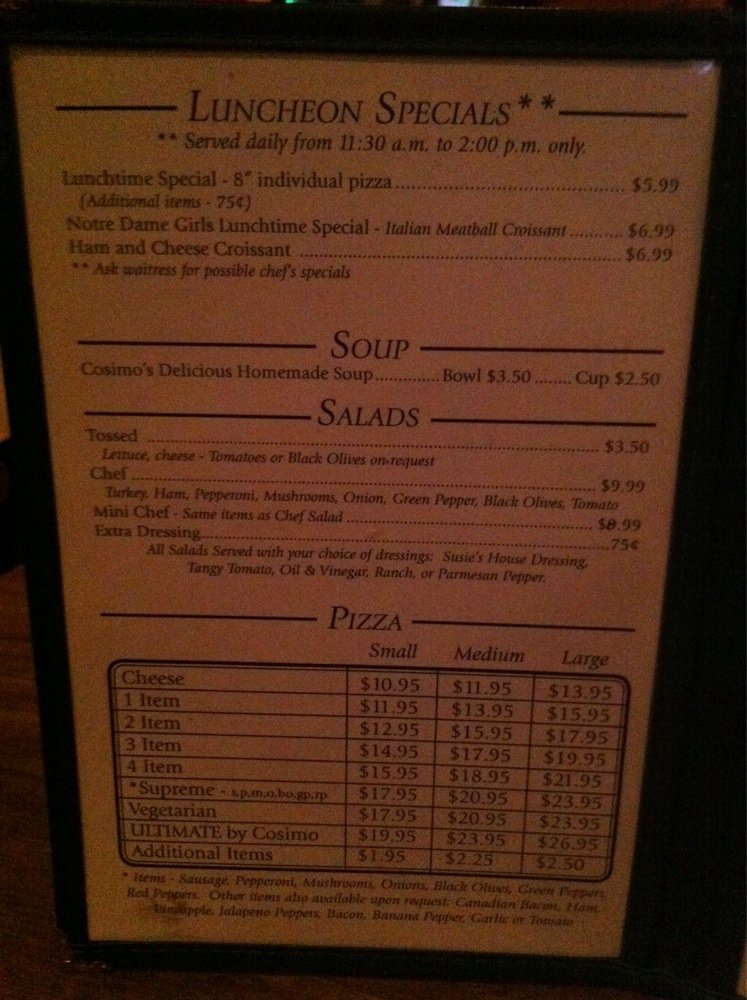 Menu at Cosimo & Susie's - A Bit of Italy pizzeria, Mishawaka
