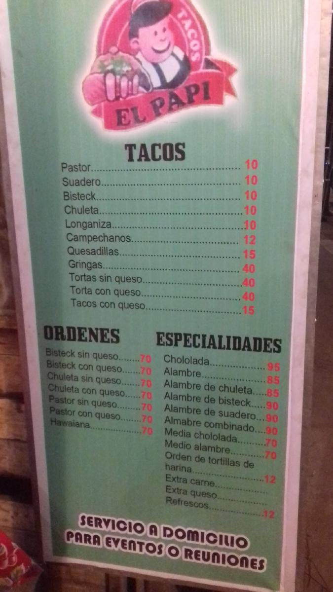 Menu at El Papi restaurant, Mexico, Alamo 53