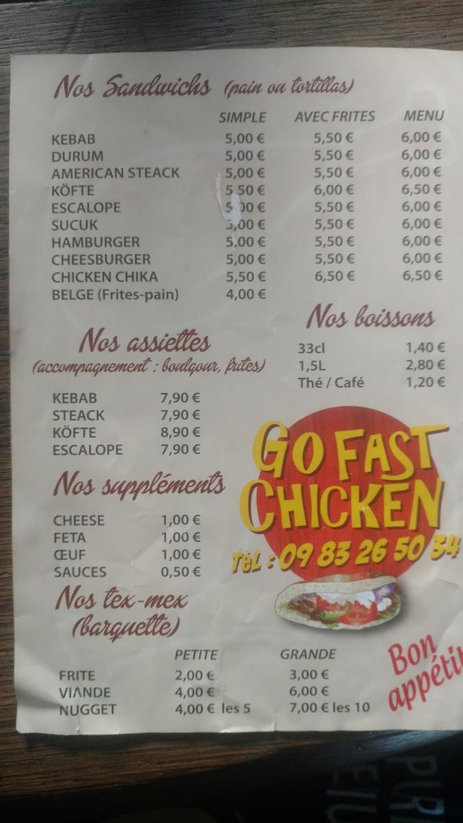Menu at Go fast chicken restaurant, Reims
