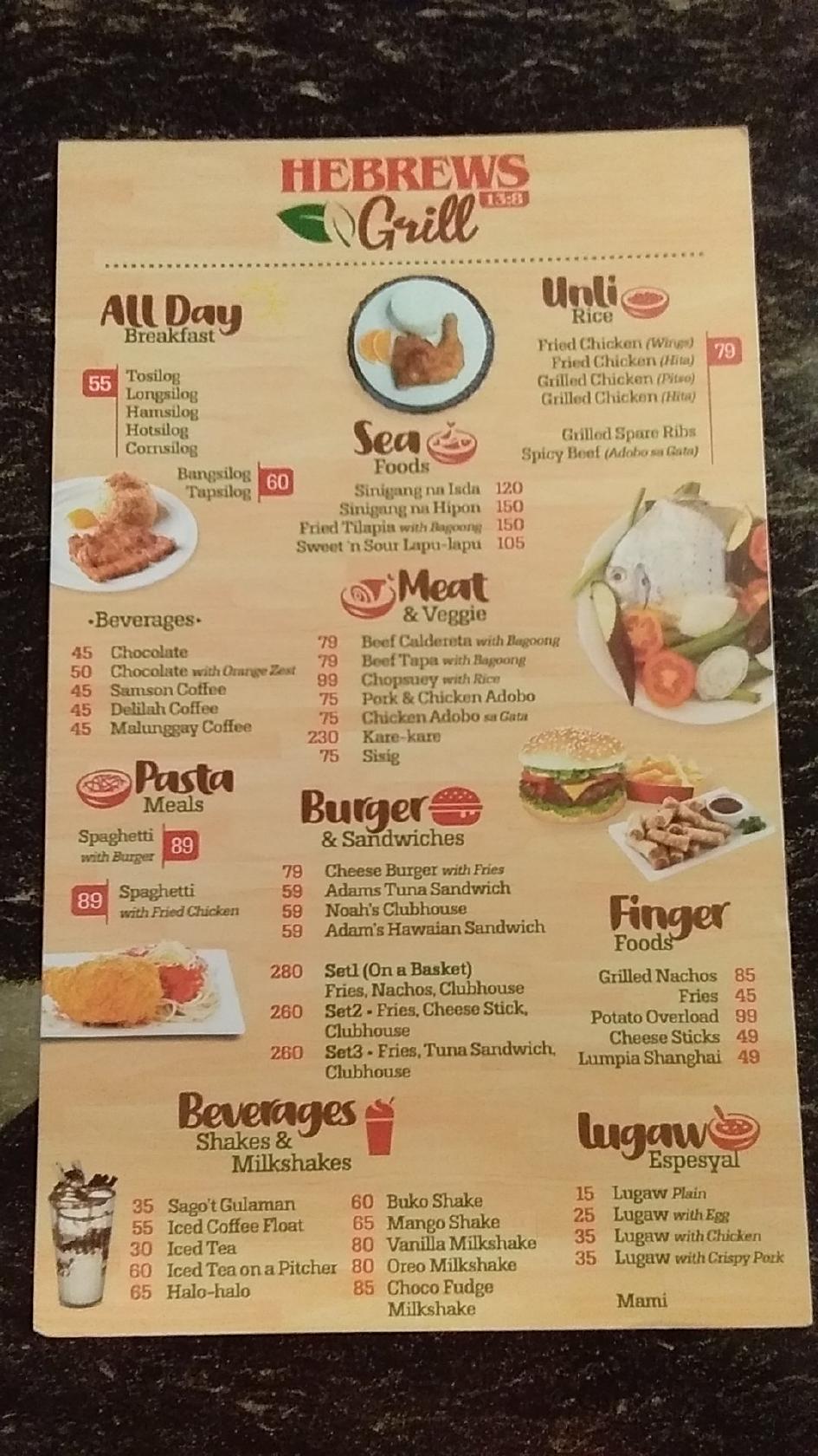 Menu at HEBREWS GRILL 13:8 restaurant, Daet