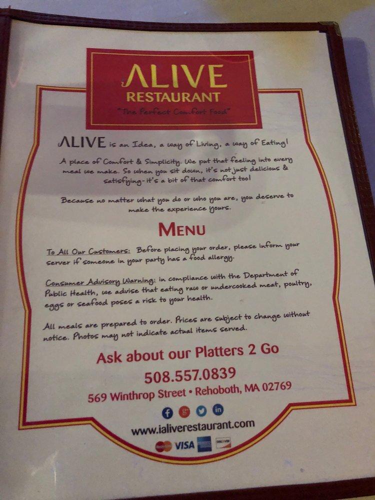 Menu at IALIVE restaurant, Rehoboth, 569 Winthrop St