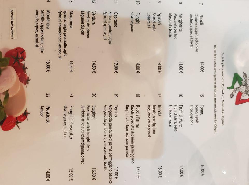 Menu at La Storia restaurant, Bandol
