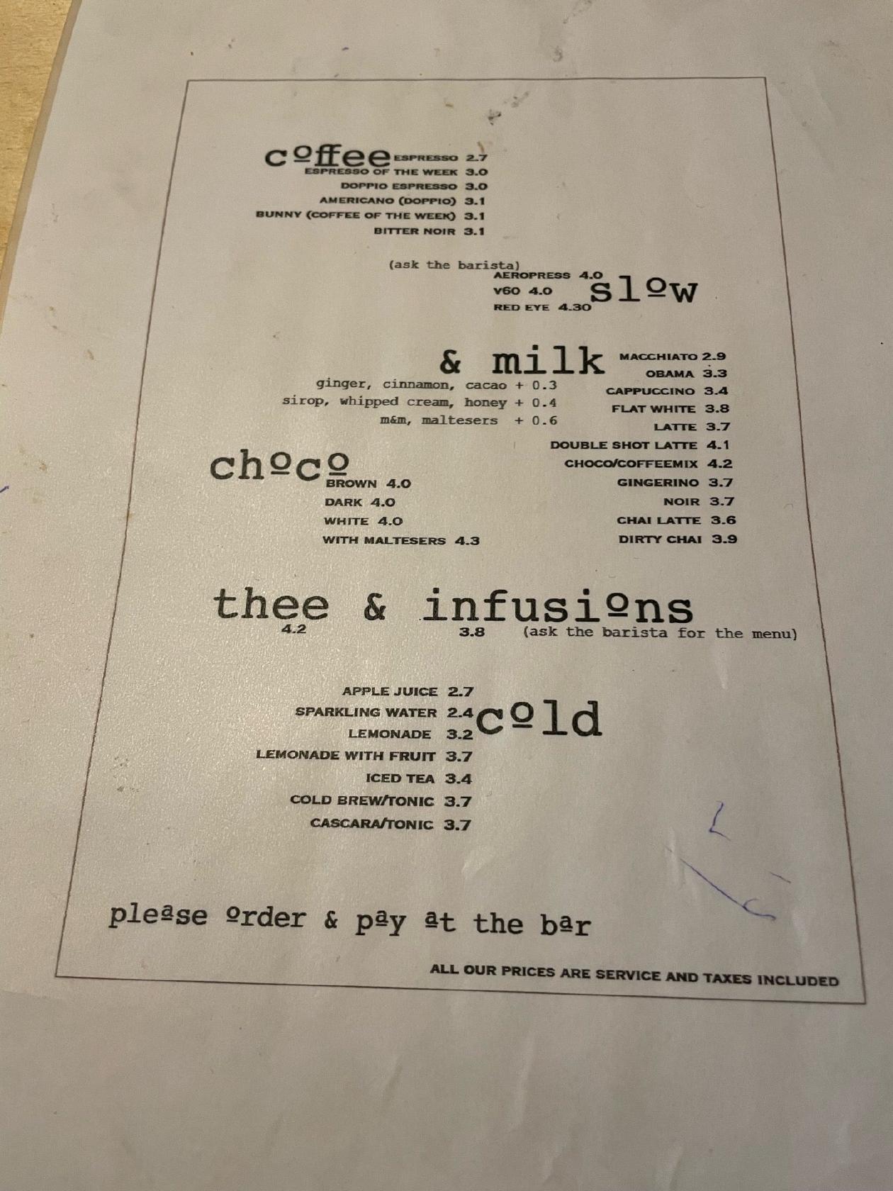 Menu at Noir Coffeebar, Leuven