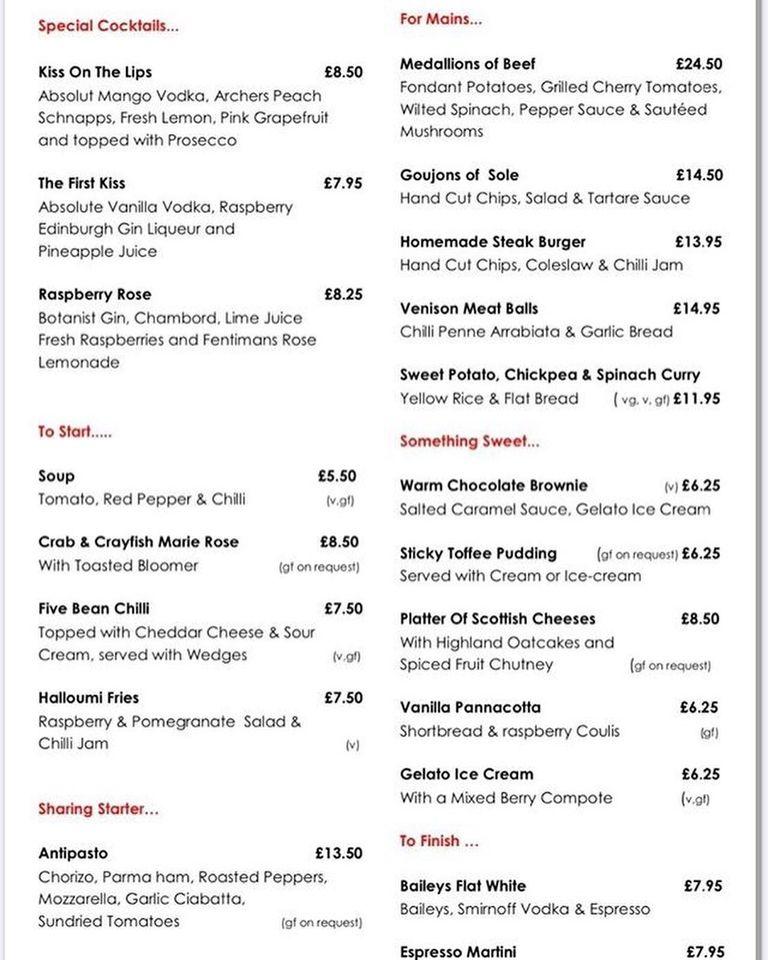 Menu at The Harbour Lights cafe, Lossiemouth