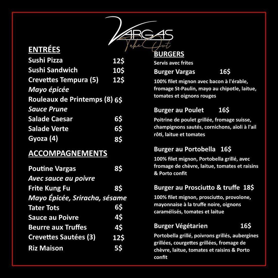 Menu au Vargas Restaurant, Montréal