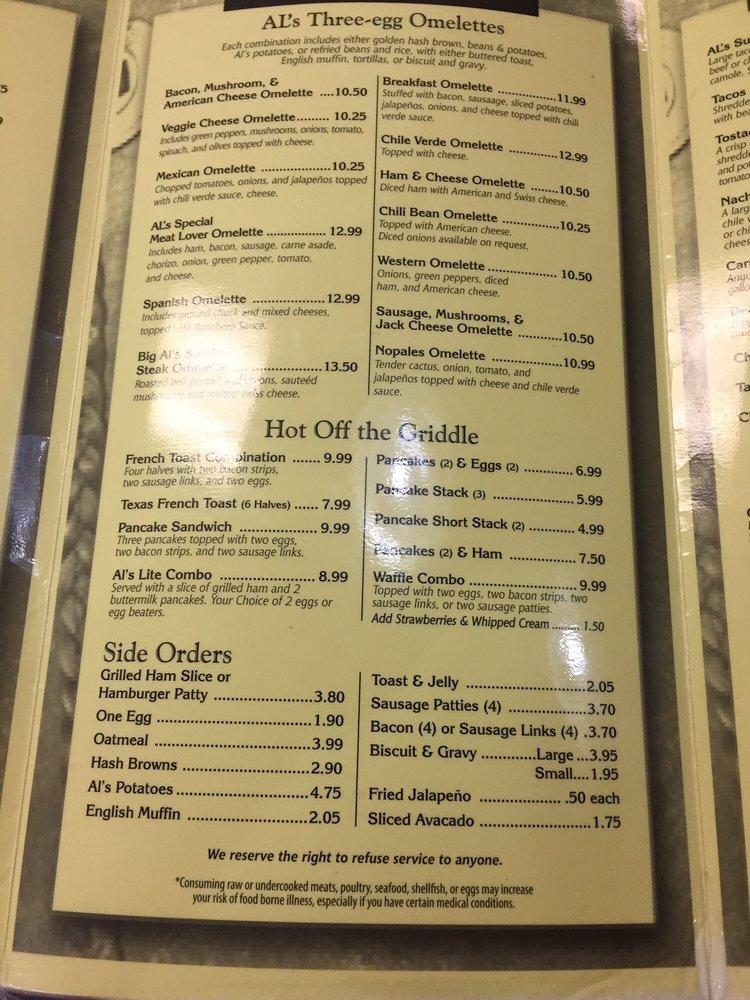 Menu at Al's Café restaurant, Fresno