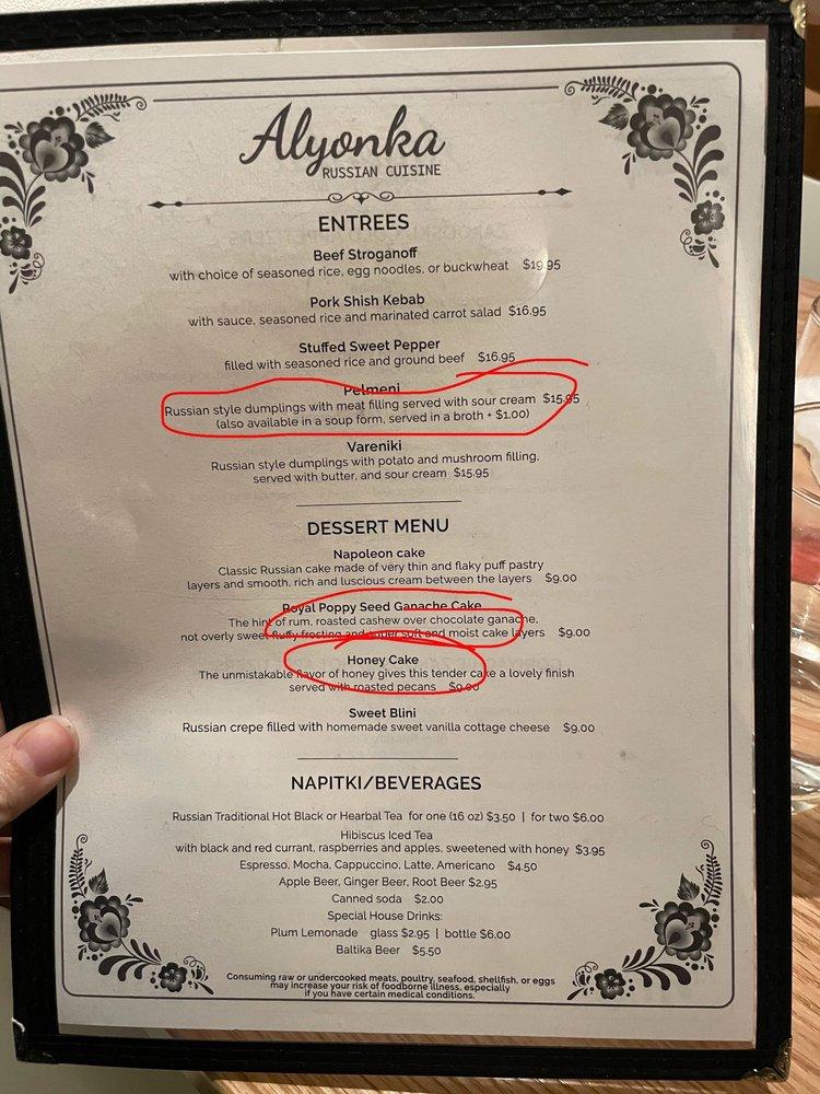 Menu at Alyonka Russian Cuisine restaurant, Boise