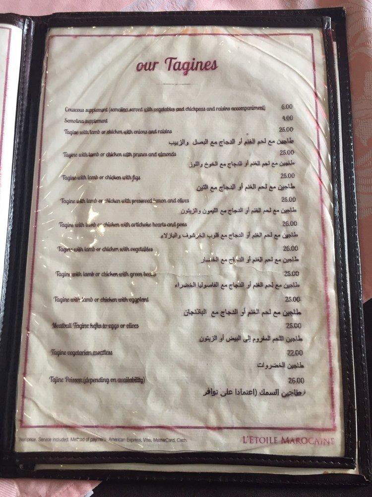 Menu at L'Etoile Marocaine restaurant, Paris, 56 Rue Galilée
