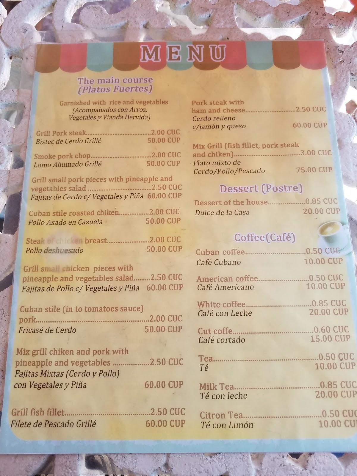 Menu at Los tres Cerditos restaurant, Varadero