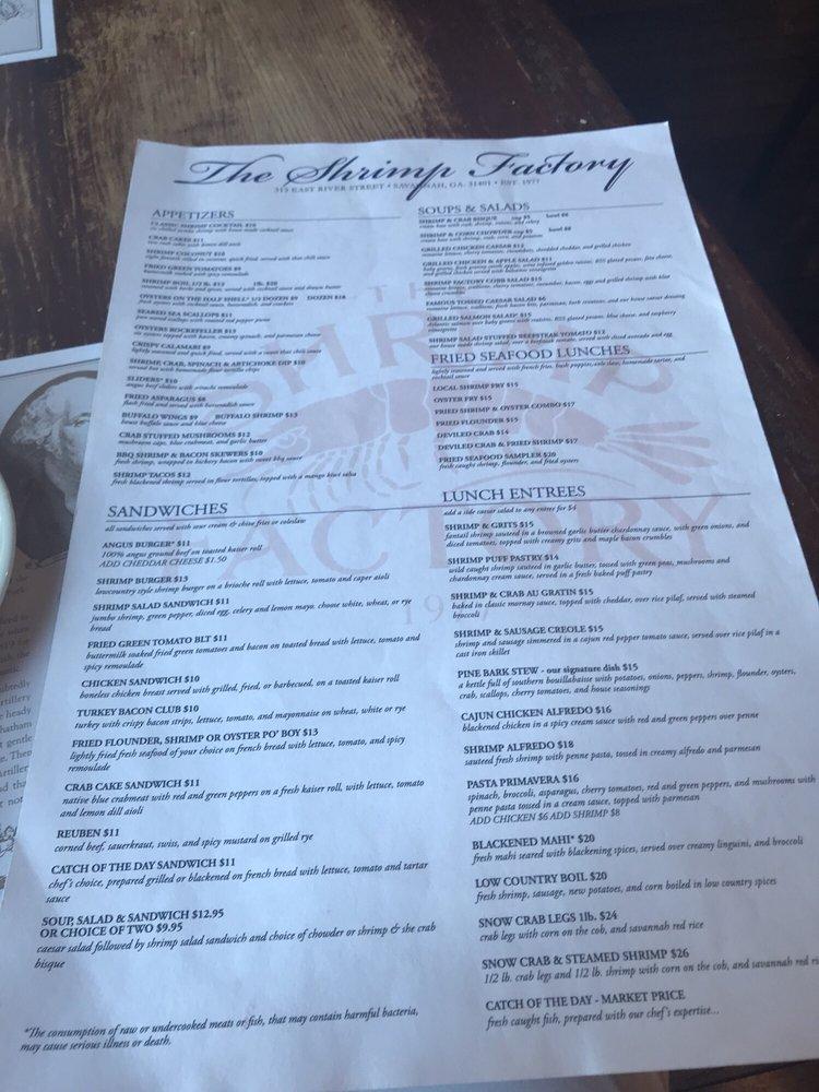 Menu at The Shrimp Factory restaurant, Savannah
