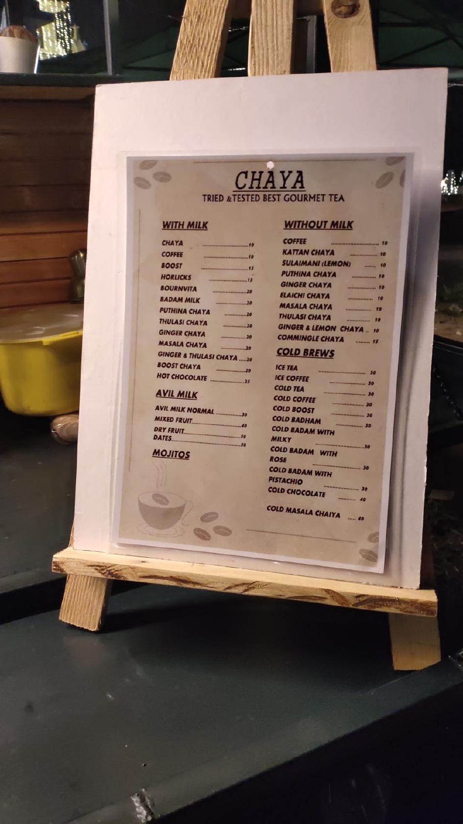 Menu at CHAYA, Purakkad