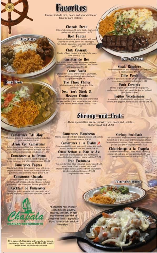 Menu at Chapala Mexican restaurant Pocatello, Chubbuck