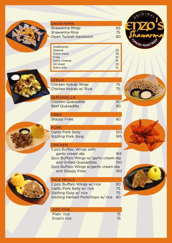 Menu at Enzo's Shawarma restaurant, Manila, 10th Avenue