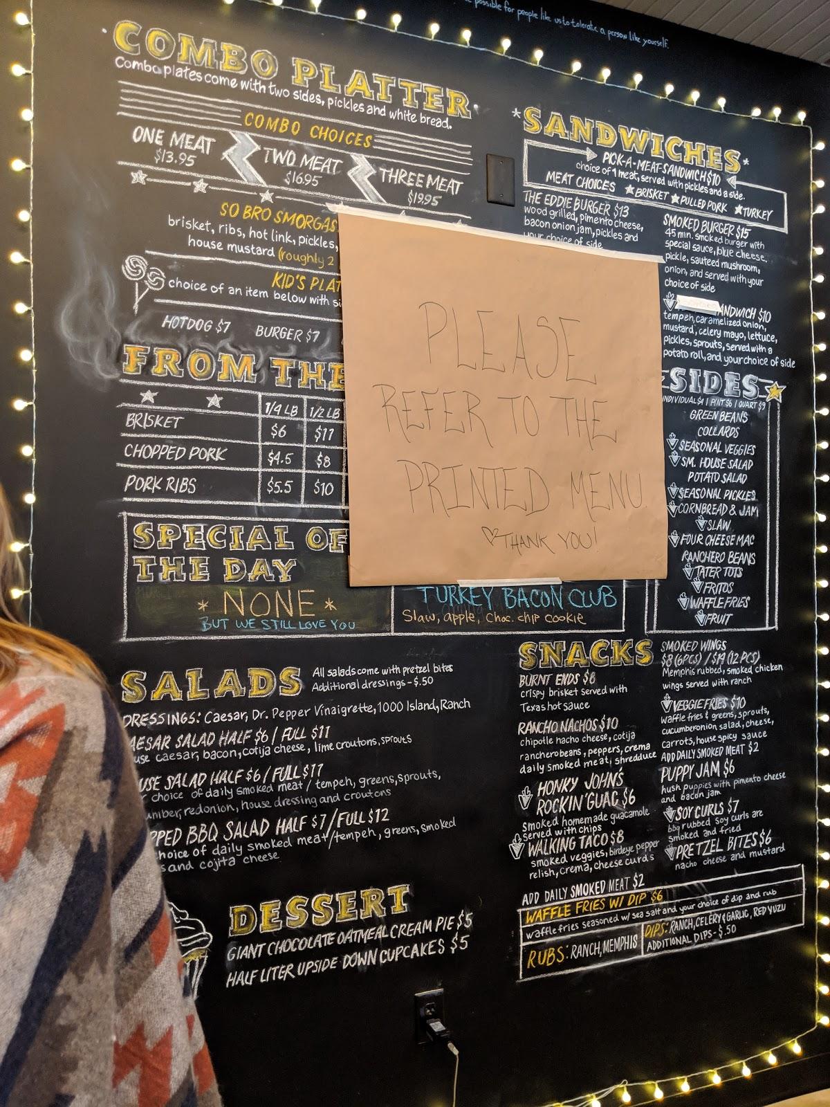 Menu at Half Liter BBQ, Indianapolis