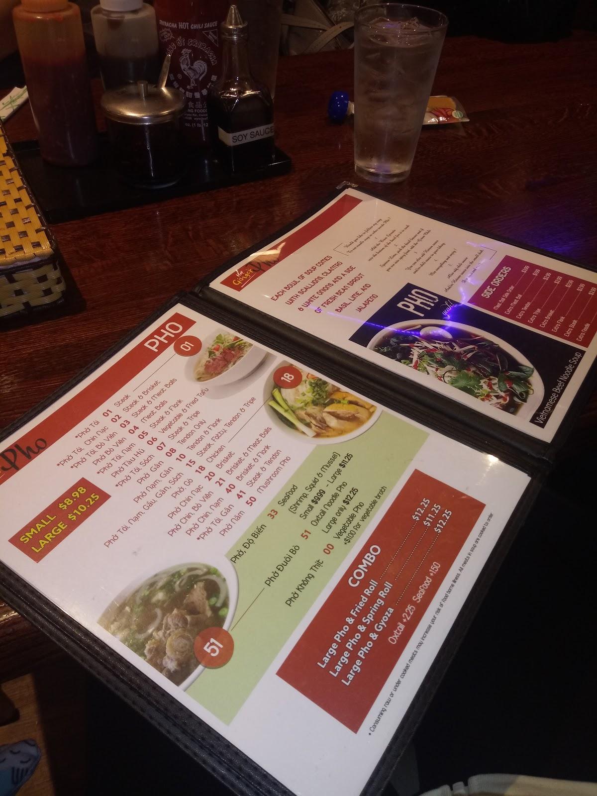 Menu at Hot Ginger Pho restaurant, Lacey