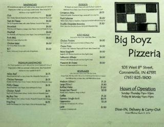 Menu at Big Boyz pizzeria, Connersville