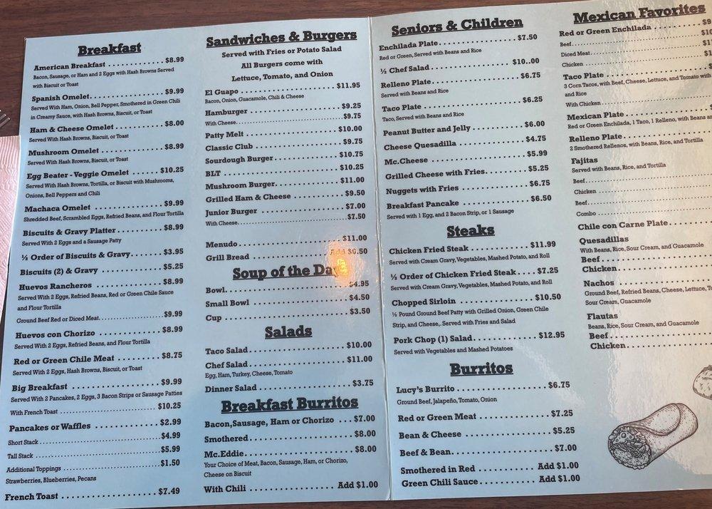 Menu at Lucy’s restaurant, Las Cruces