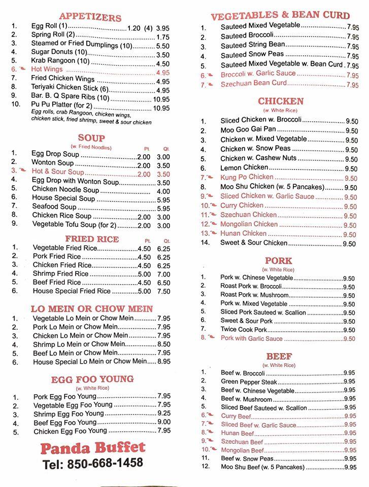 Menu at Panda Buffet restaurant, Tallahassee, Thomasville Rd