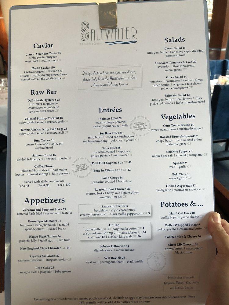 Menu at Saltwater Seafood & Steak restaurant, San Diego