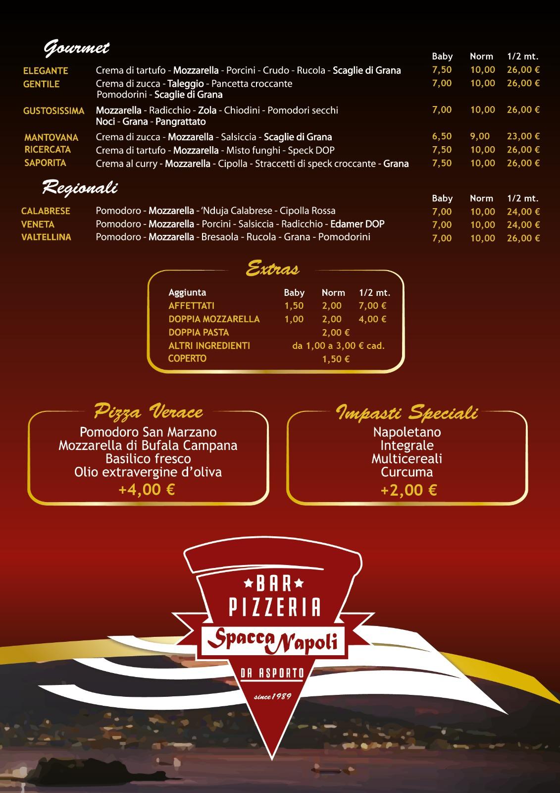 Carta de Spacca Napoli Bar / Pizzeria, Cremona
