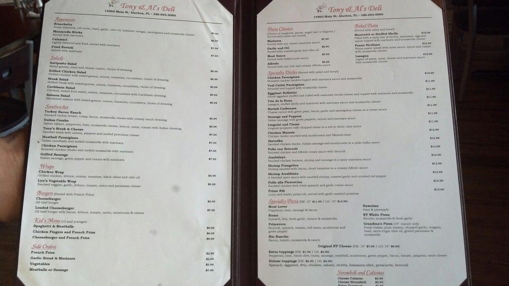 Menu at Tony and Al's Deli pizzeria, Alachua