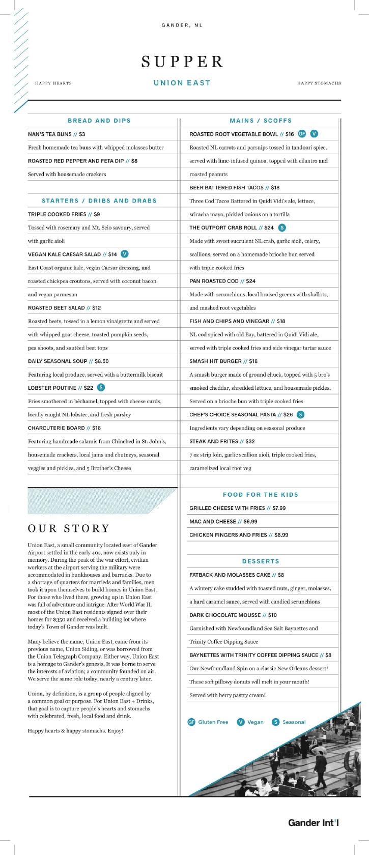 Menu at Union East & Drinks restaurant, Gander