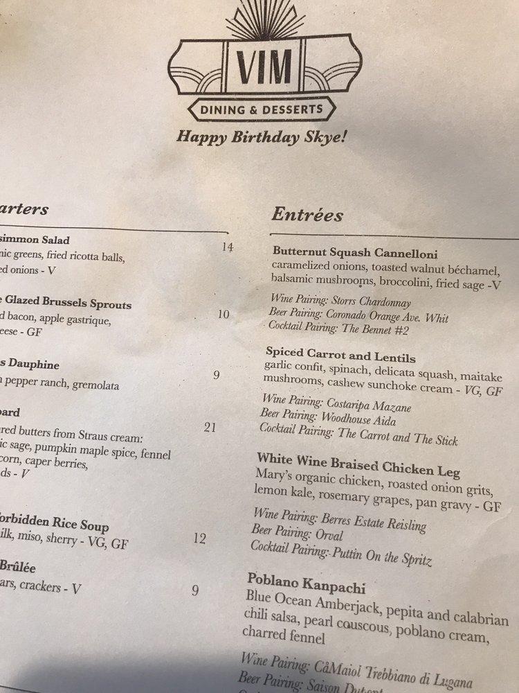 Menu at Vim Dining and Desserts, Santa Cruz