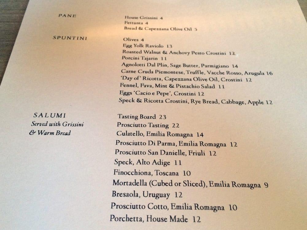 Menu at Bar Bricco, Edmonton