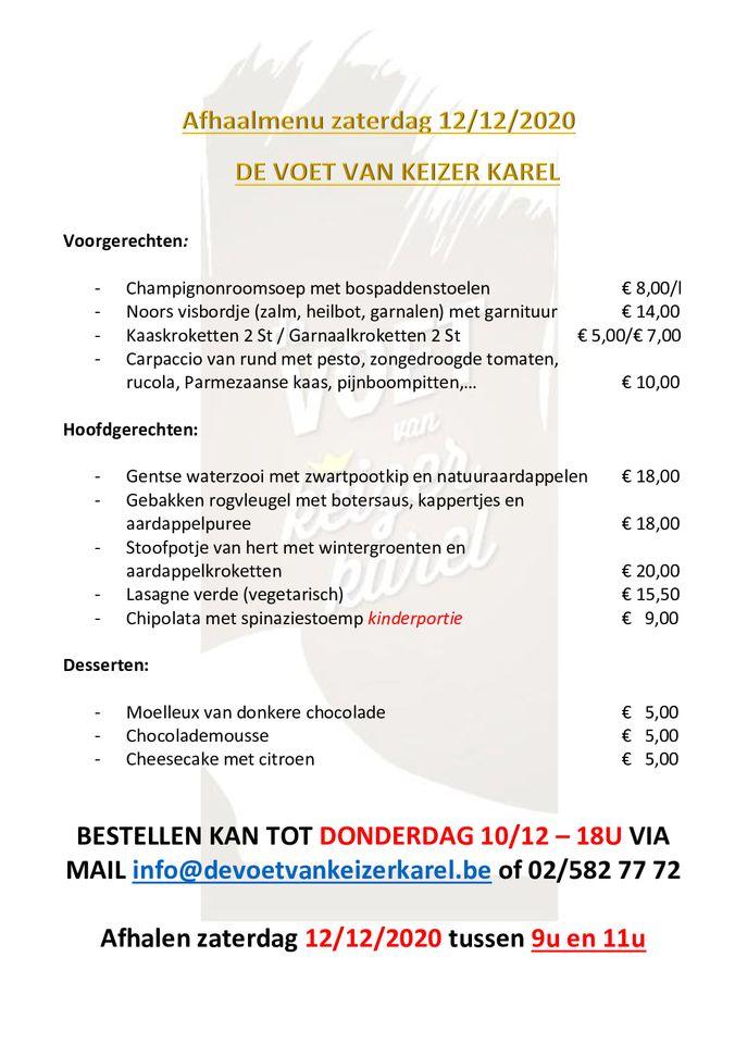 Menu at De Voet Van Keizer Karel, Ternat